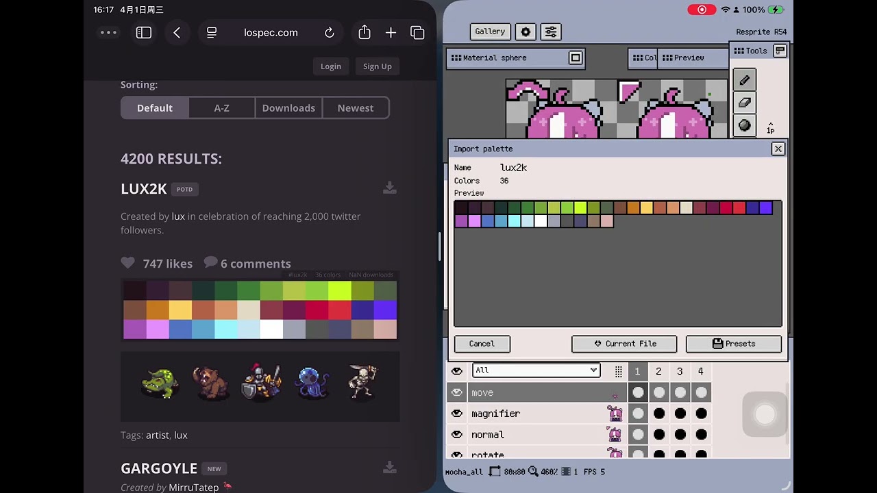Resprite iOS r54: import palette from website(lospec) directly on iPad