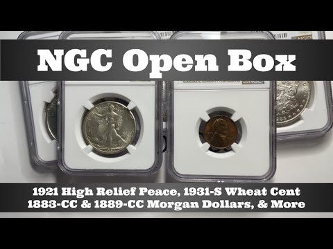 NGC Open Box - 1921 High Relief Peace Dollar, 1931-S Wheat Cent, 1883-CC & 1889-CC Morgan Dollars +