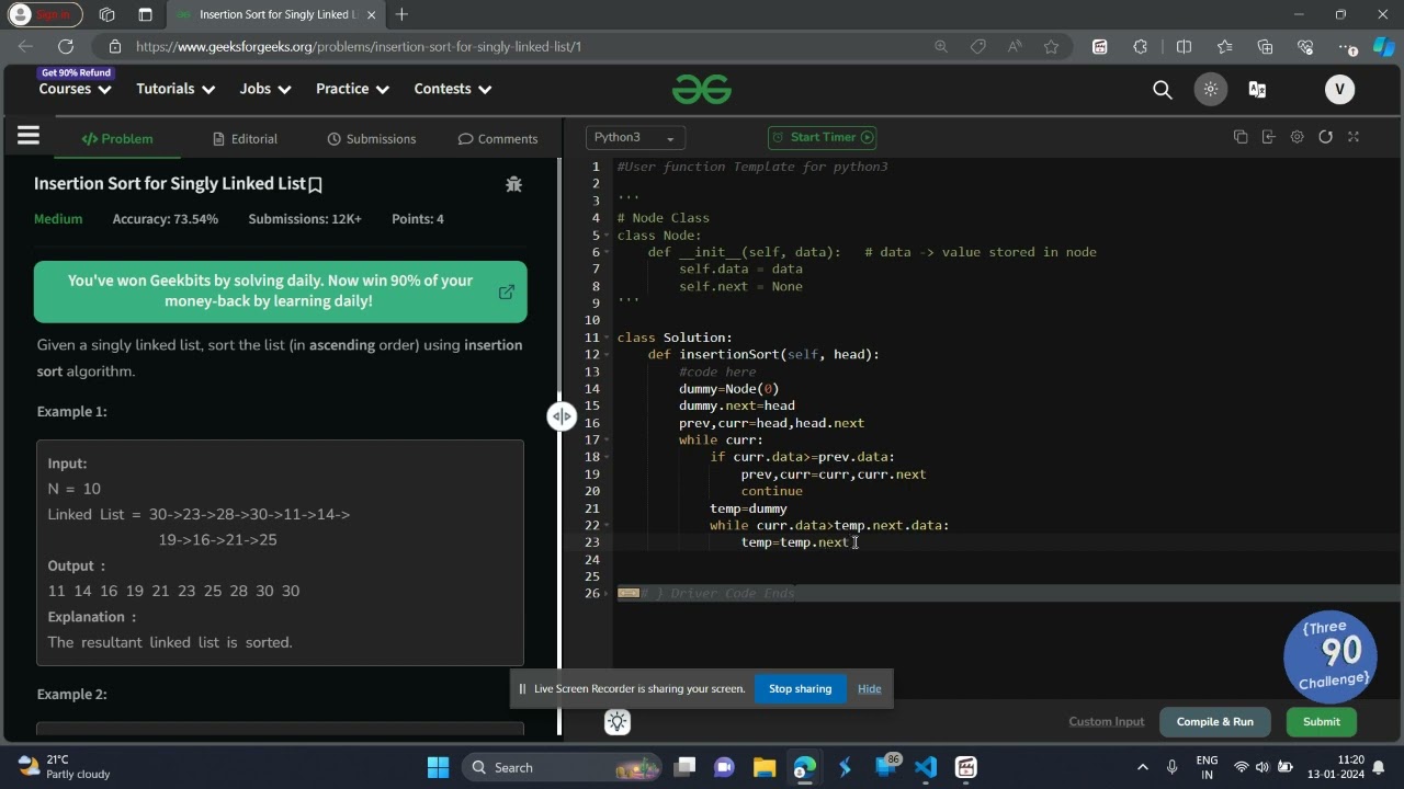 Insertion Sort for Singly Linked List geeks for geeks python solution sort a linked list