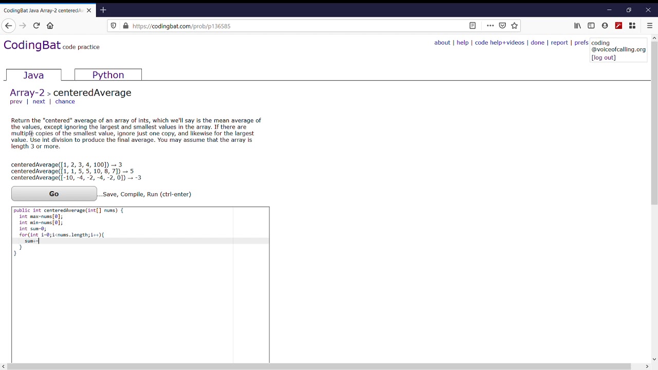Array-2 (centeredAverage) Java Tutorial || codingbat.com