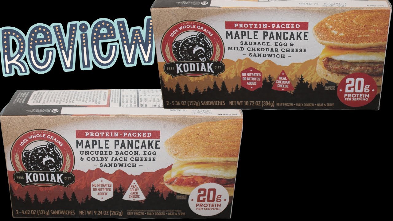 Kodiak Maple Pancake: Sausage, Egg & Mild Cheddar Cheese and Uncured Bacon, Egg & Colby Jack Cheese