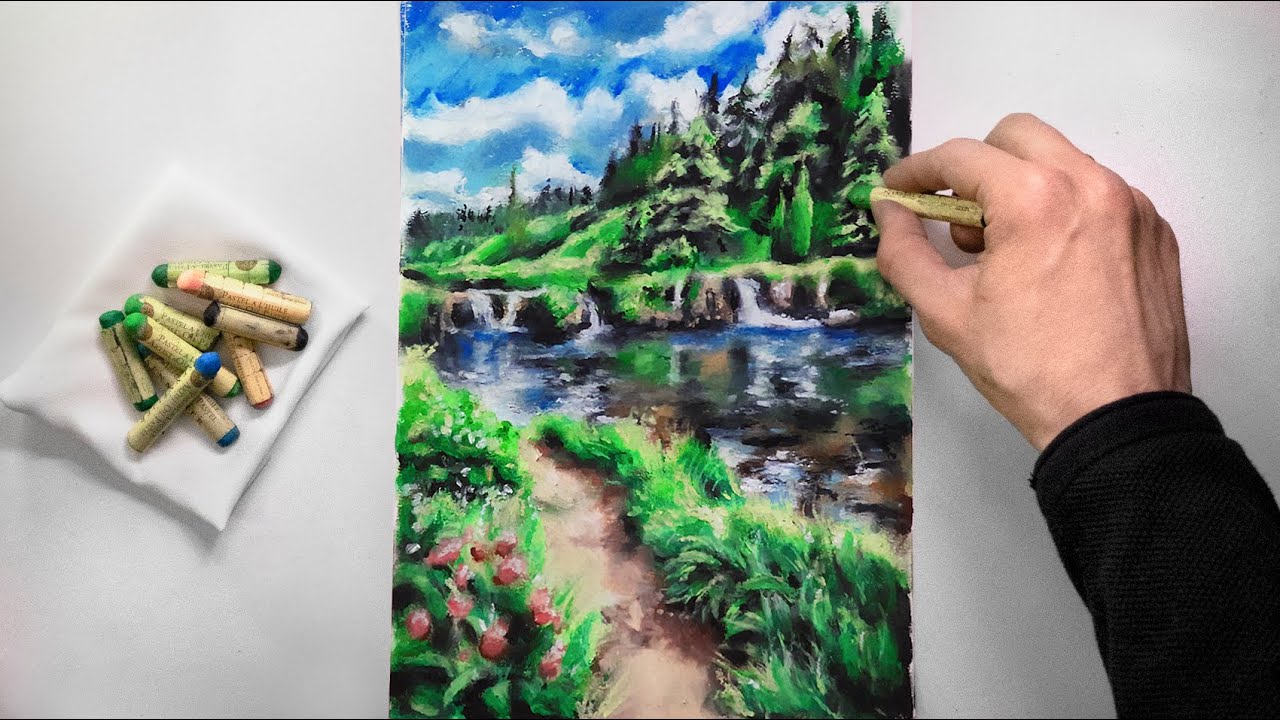 ASMR Drawing Beautiful Landscape with Pastel Crayons (no talking)