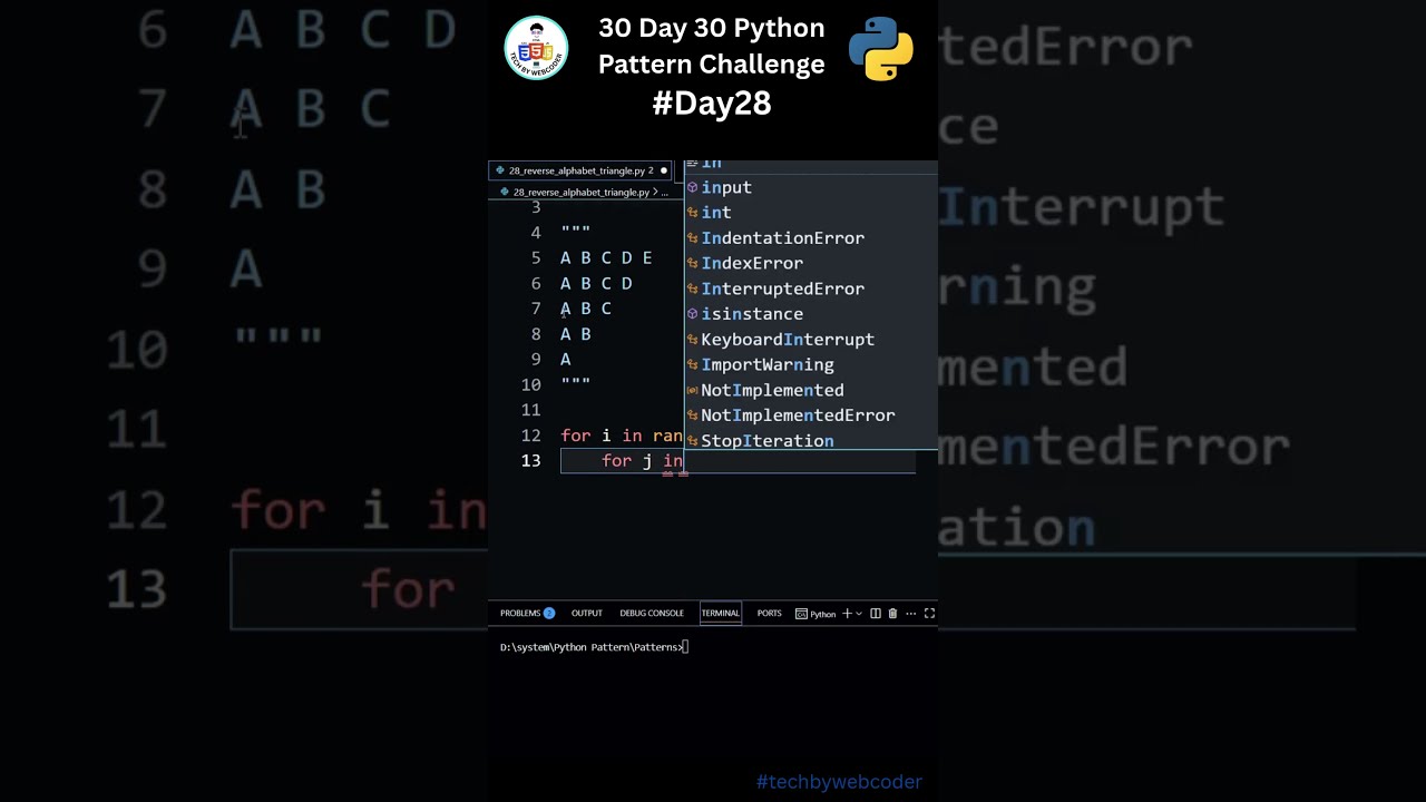 Day 28:  Easy Reverse Alphabet Triangle Pattern in Python | 30 Days of Code