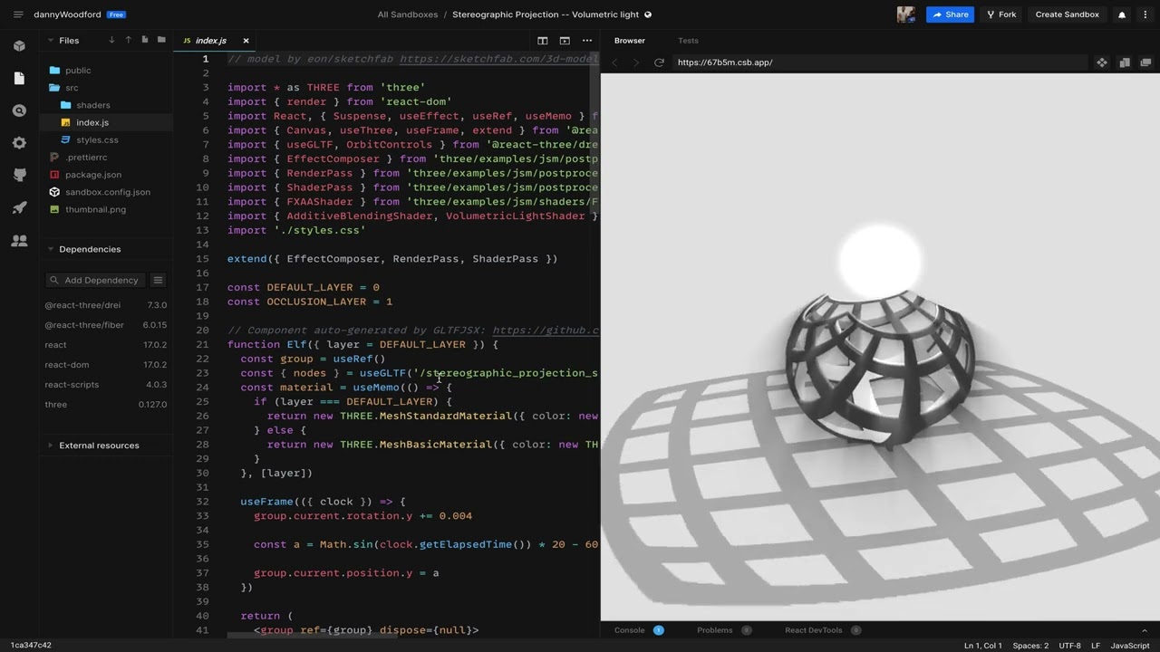 Stereographic Projection - Volumetric light - three.js