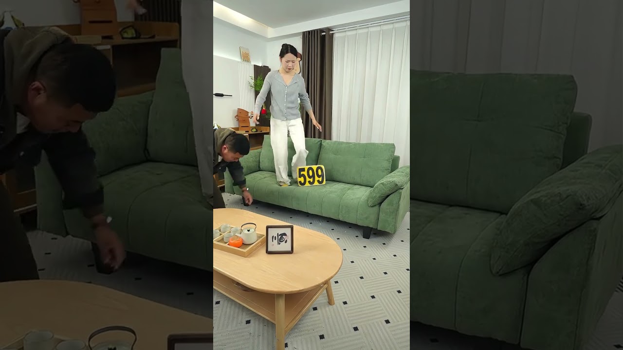 This chenille multi-functional sofa can transform into a sofa and a bed at different times.