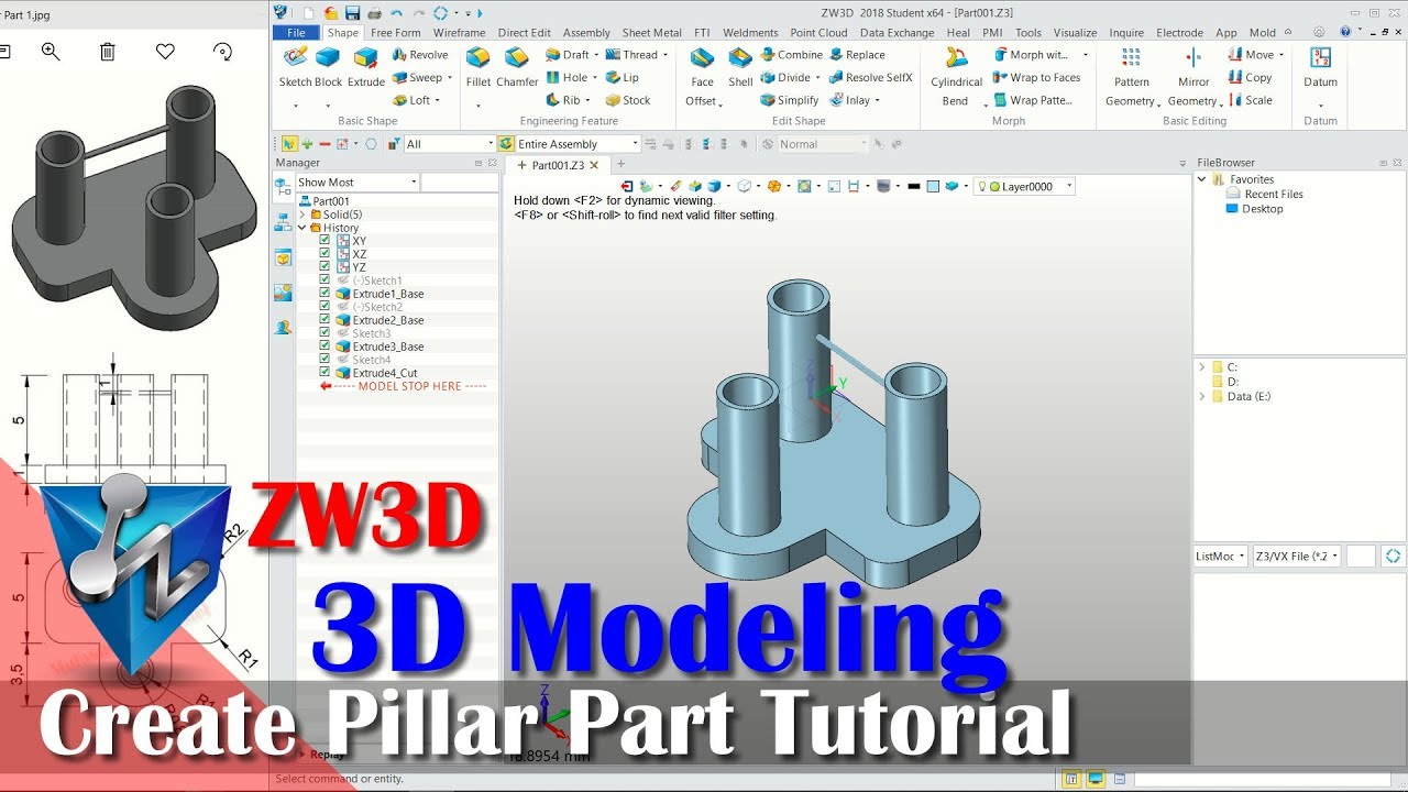 ZW3D Design 3D Pillar Part Modeling Tutorial For Beginner