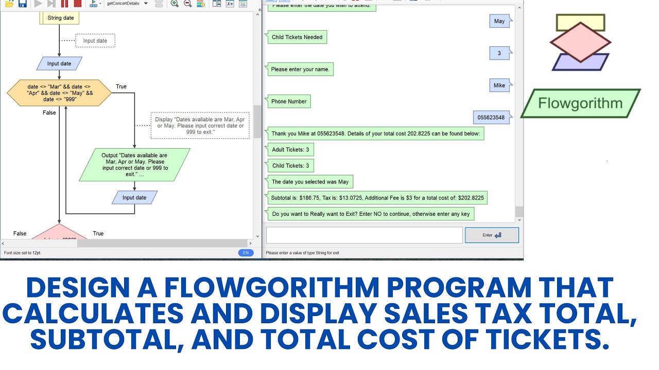 Design a Flowgorithm program that calculates sales tax total, subtotal, and total cost of tickets.