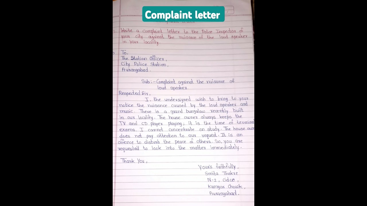 Complaint letter in english- Complaint against the nuisance of loud speaker