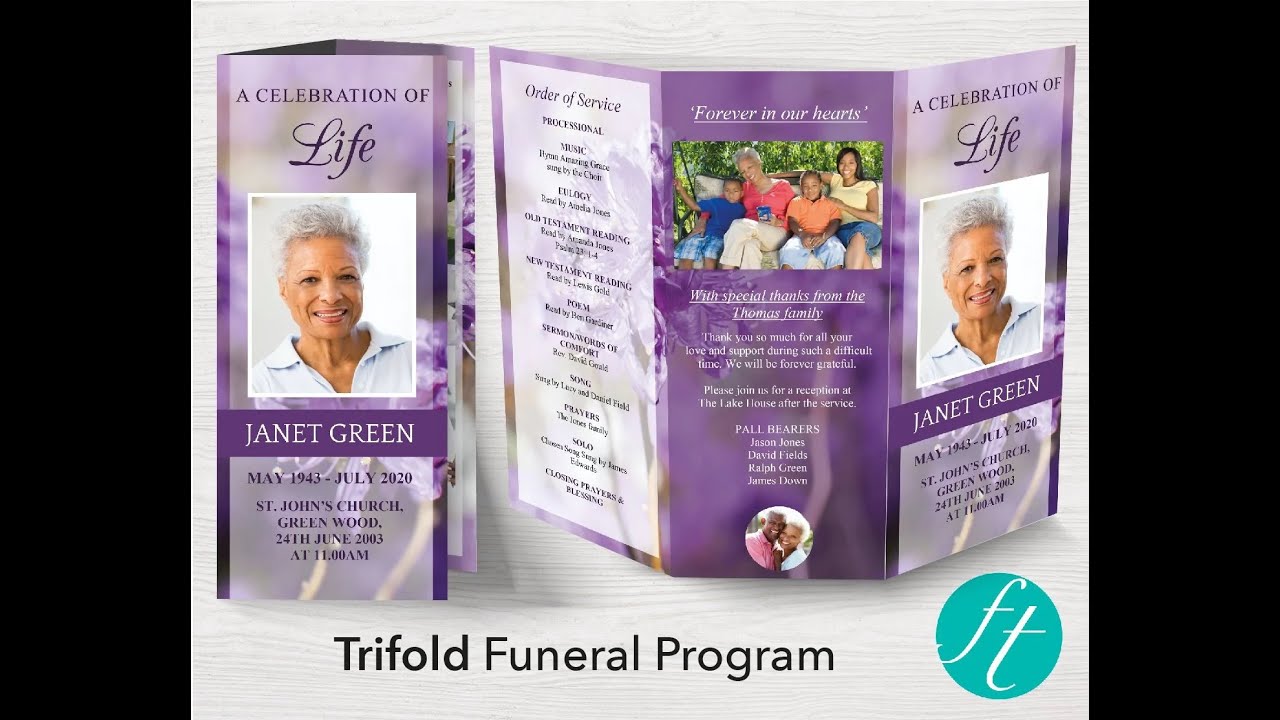 Trifold Purple Flowers Funeral Program Template