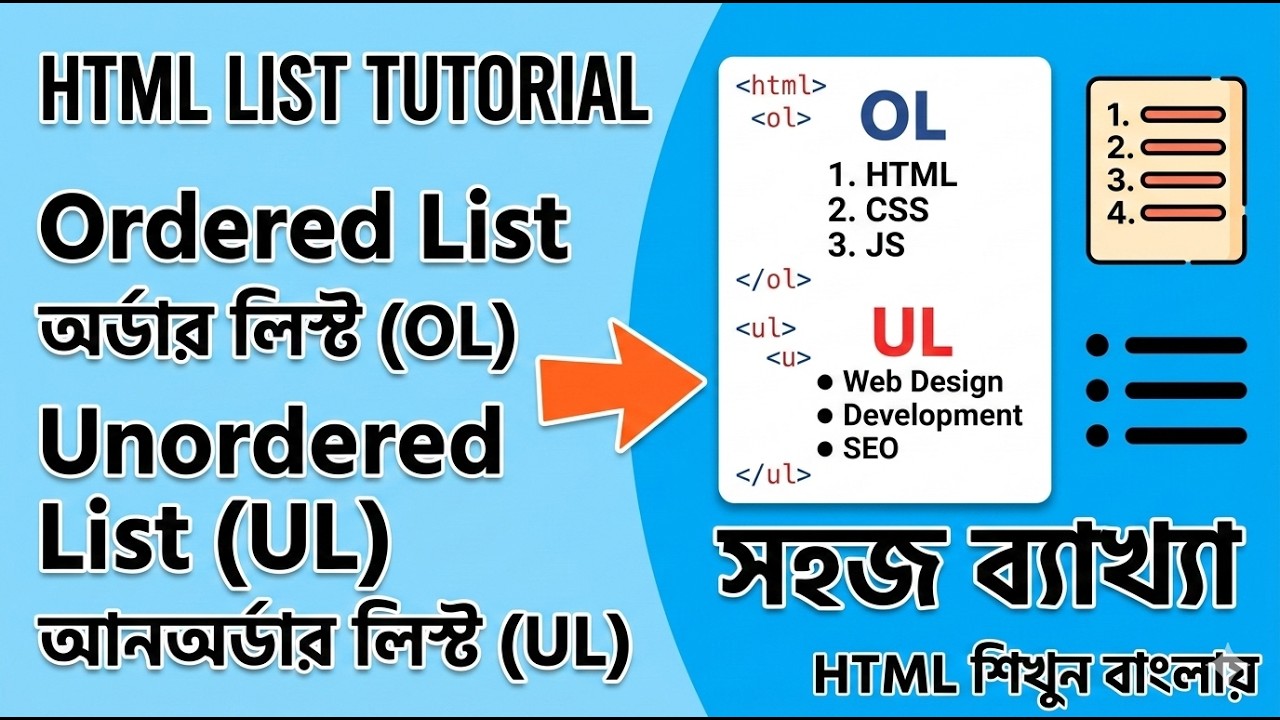 HTML List Tutorial Bangla | Ordered List & Unordered List Explained | Class-4