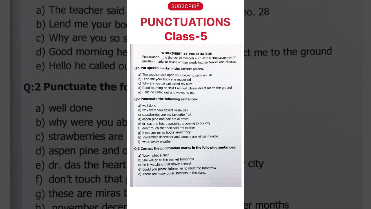 Punctuation Worksheet For Class 5 #punctuation #englishgrammar #shorts #englishworksheet