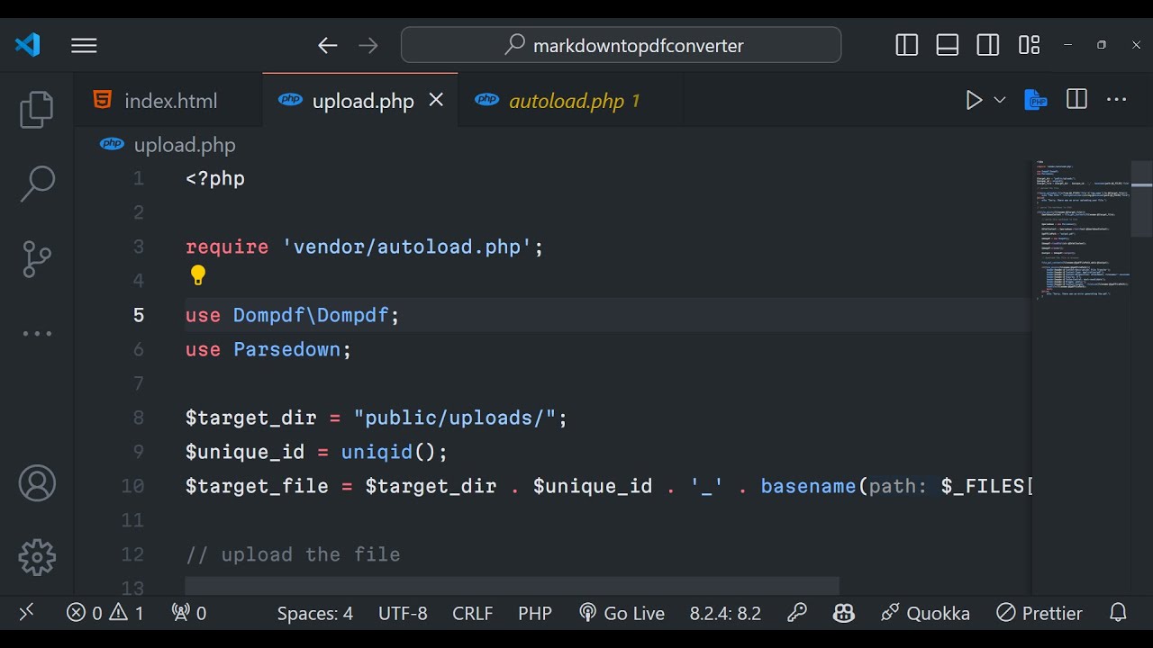 PHP Project to Parse Markdown to HTML & PDF Converter in Browser Using DOMPDF in JS