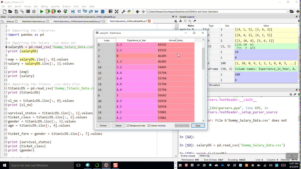 Matrix Operations Using Excel Data Files with Python Anaconda Spyder