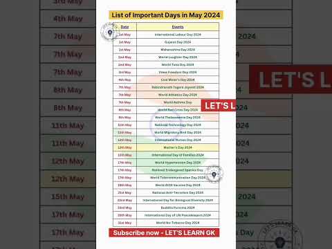 May 2024 : Full List of important National and International Days | Special days in May 2024 #shorts