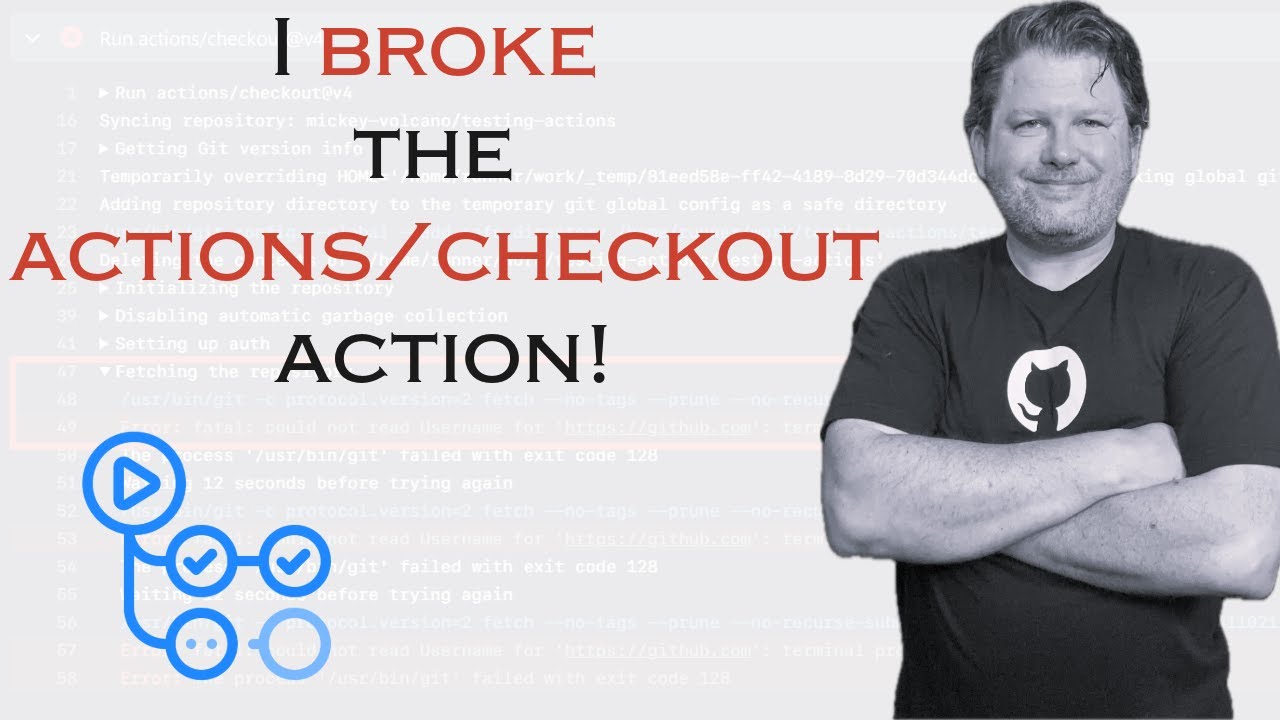 The actions/checkout action fails with two possible error messages