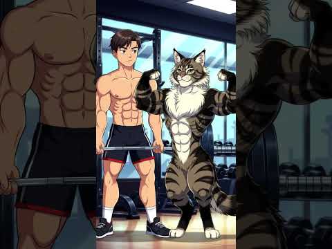 Animated Fitness Boy Deadlifting with Buff Cat – Fun Cartoon Gym Scene