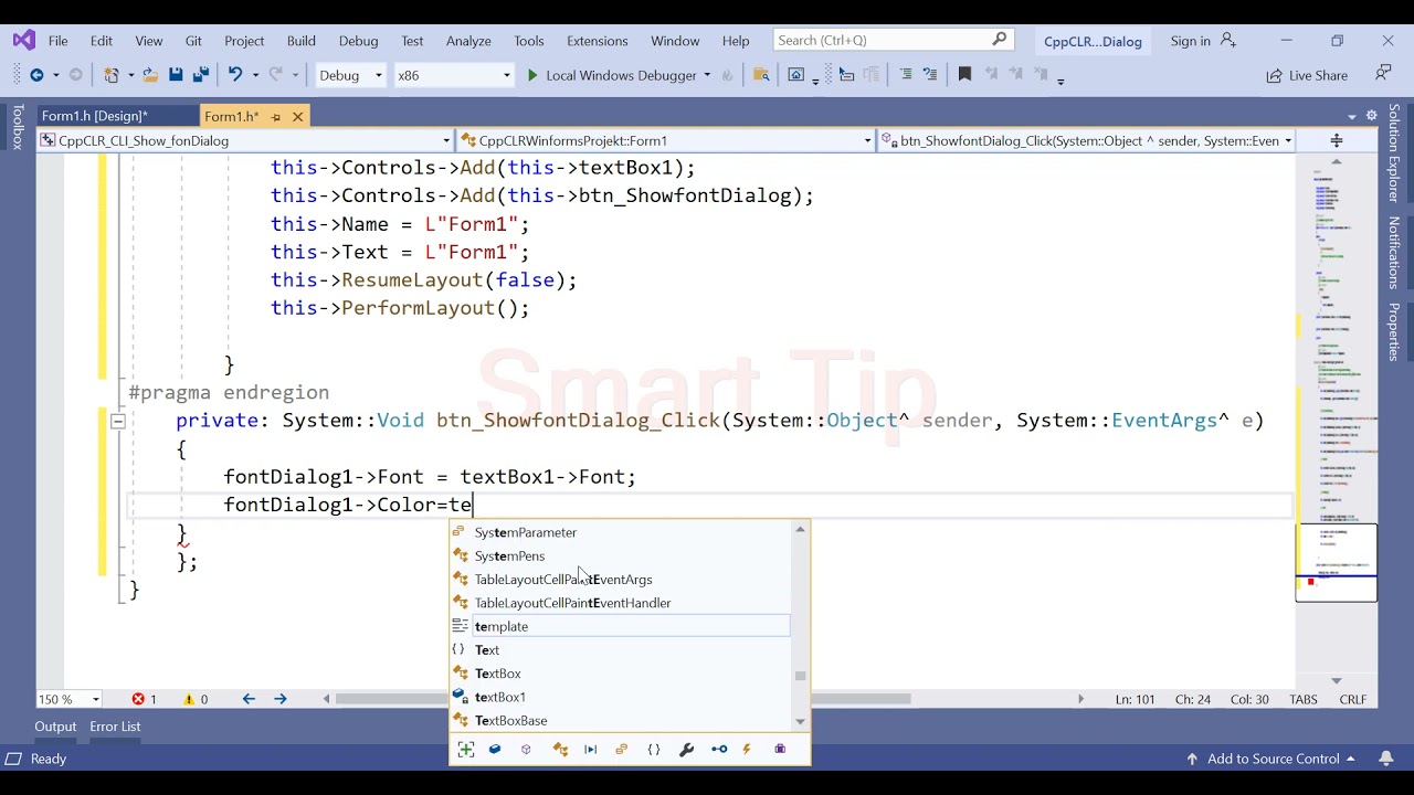 c++/cli windows forms (show font dialog) c++ Prompts the user to choose a font visual studio code