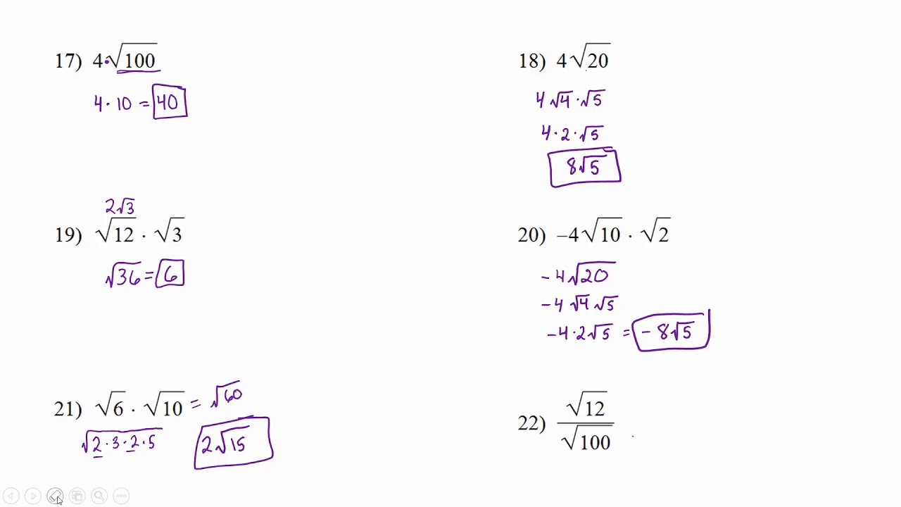 Algebra 1 - Simplifying Radicals and Solving Quadratic Equations Using Square Roots