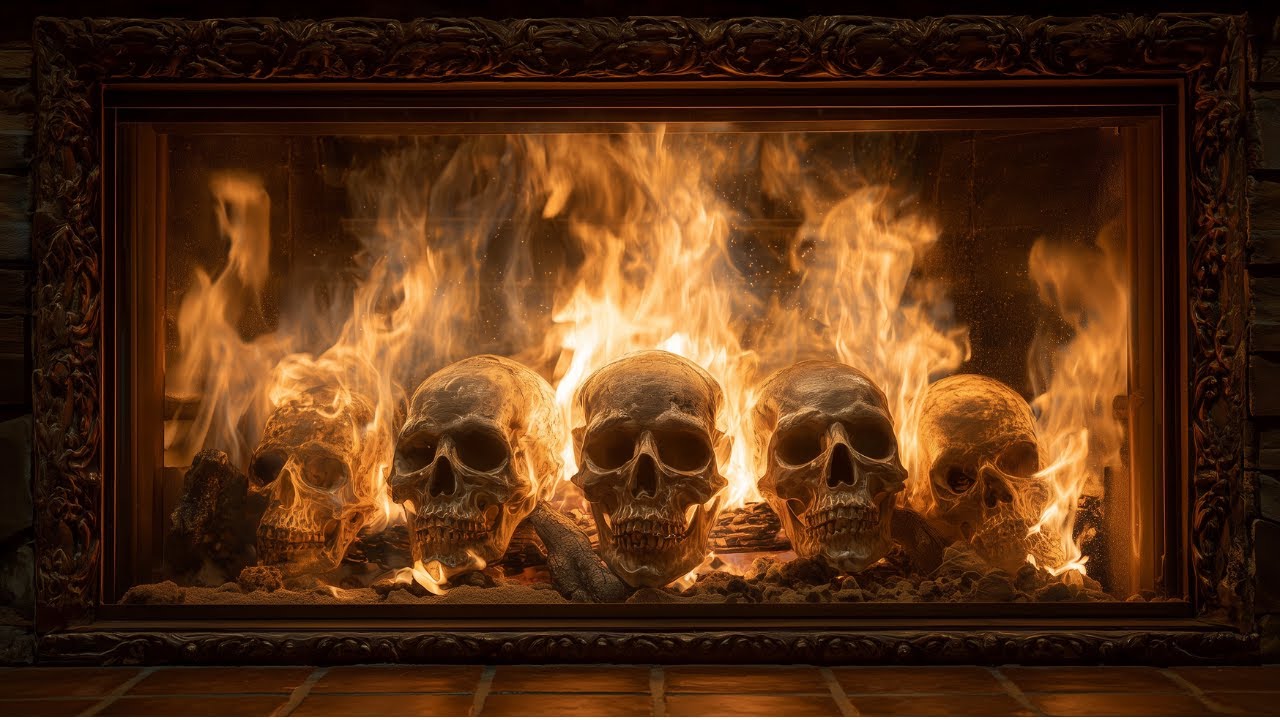 🔥 4K Spooky Skeleton Fireplace 💀 | Haunted Halloween Background (5 Hours)
