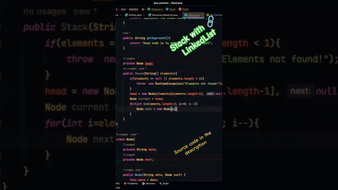 Stack Implemention with LinkedList #stack #java #datastructures #shorts
