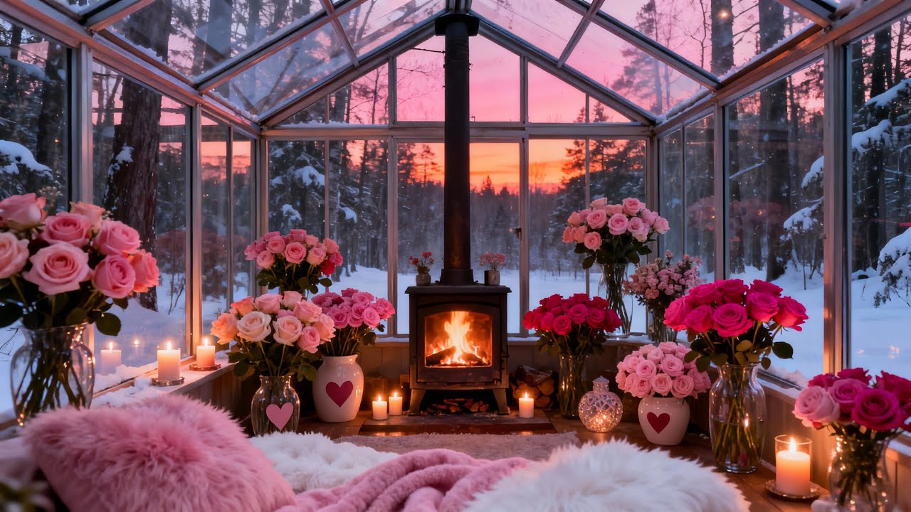 💘🌹 Pink Valentine’s Day Snowy Rose Greenhouse ✨ Cozy Fireplace + Soft Jazz Ambience