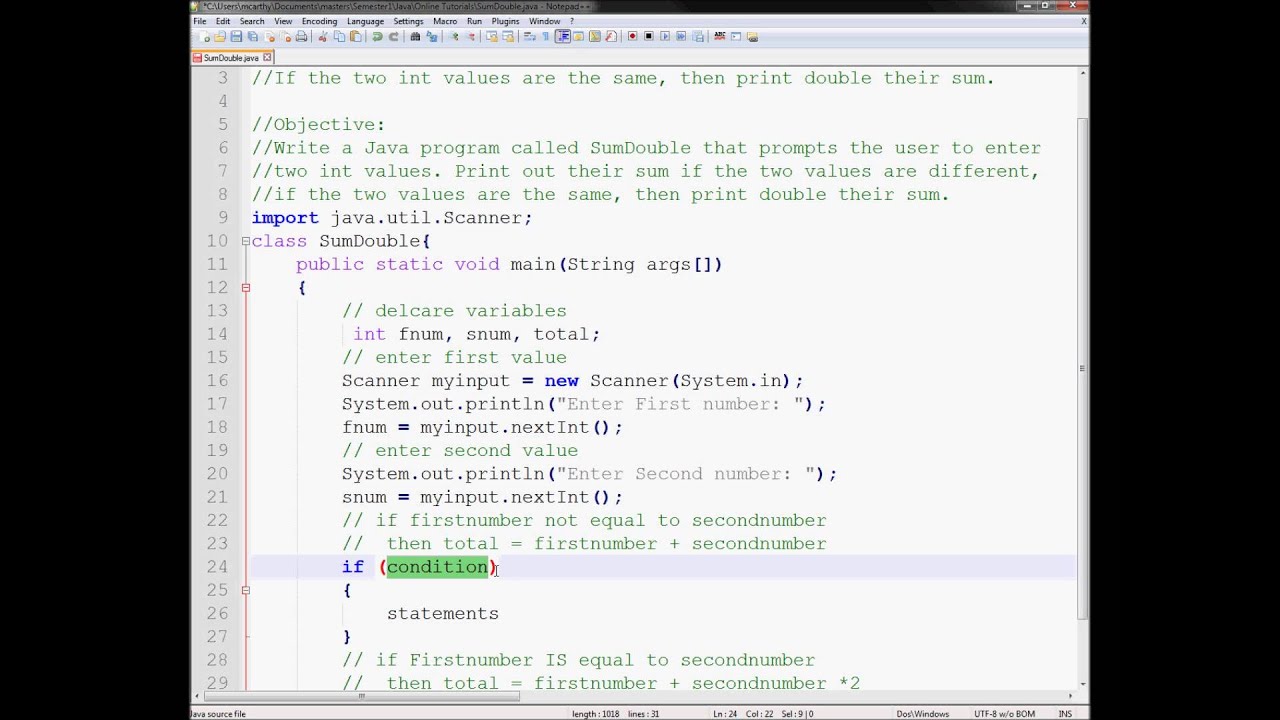 Exercise 2 Week 2 - Java Tutorial Sum Double IF Statements