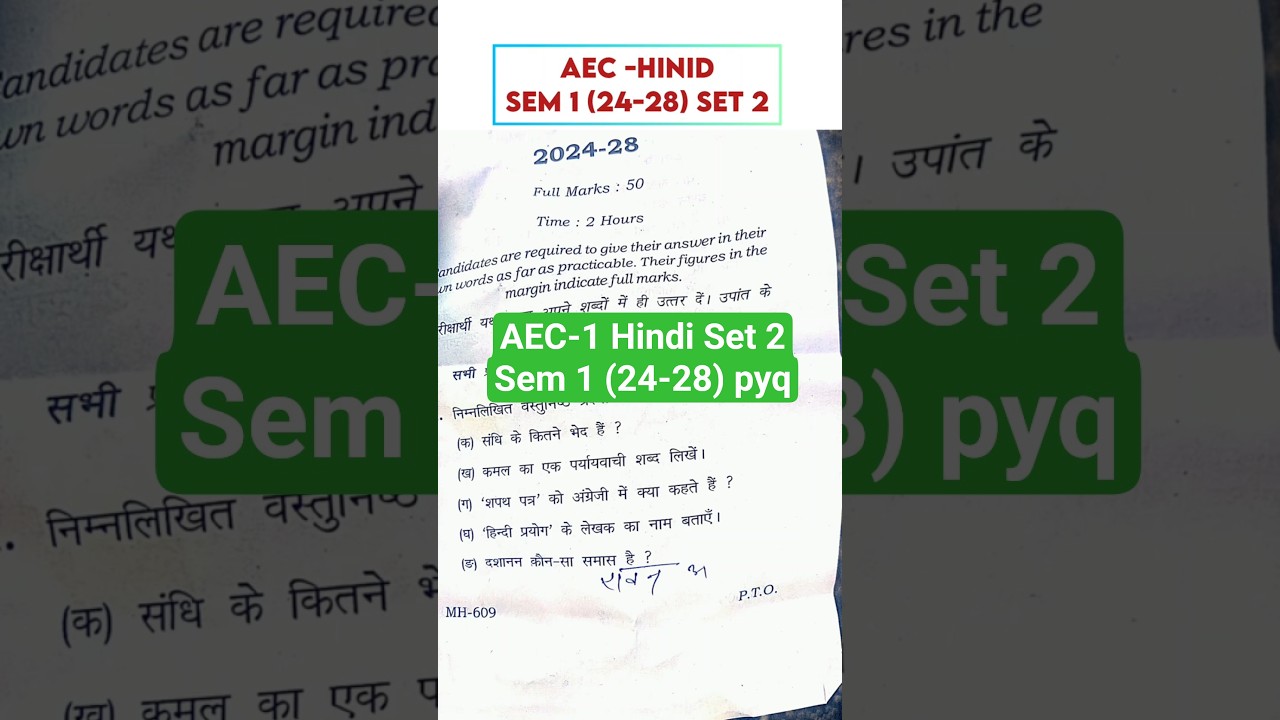 AEC-1 HINDI QUESTIONS PAPER FYUGP SEM I (24-28) SET 2 | VBU STUDY ZONE
