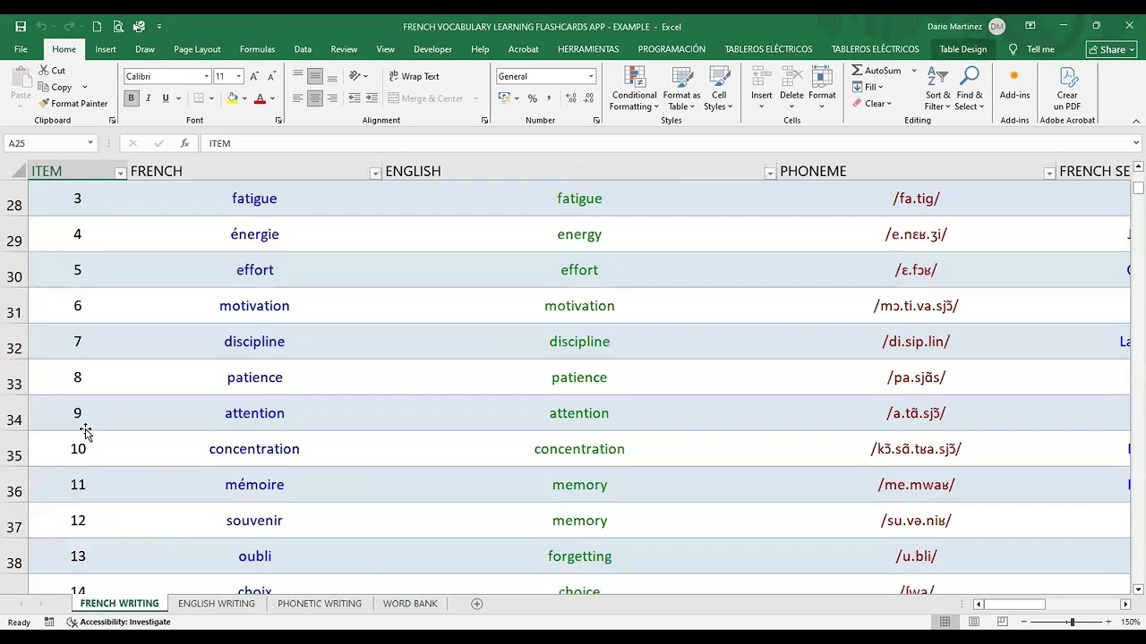 French Vocabulary Flashcards | Excel App | 2,000 Most Common French Words with Audio