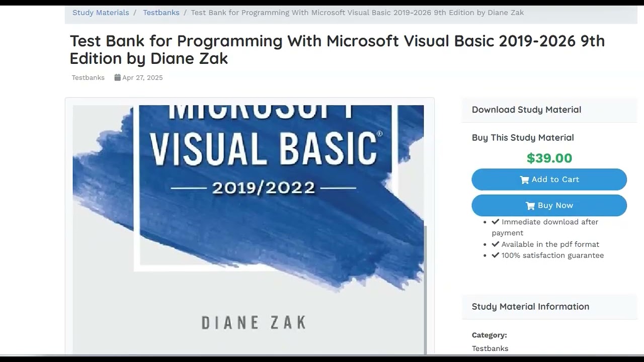 Test Bank for Programming With Microsoft Visual Basic 2019-2026 9th Edition by Diane Zak