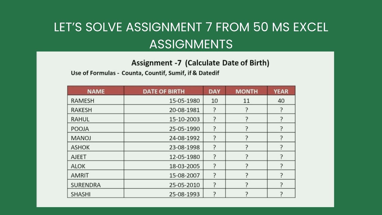 Assignment 7 - Let’s solve Assignment 7 from 50 ms excel assignments