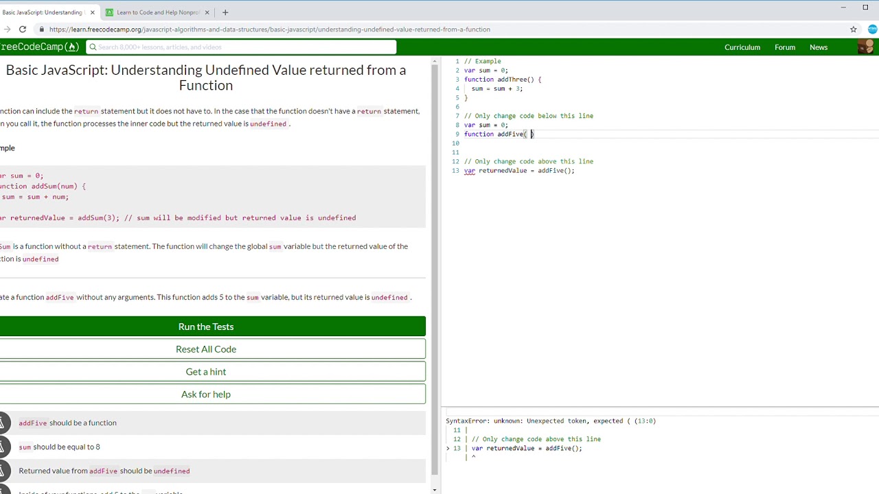 Basic JavaScript  Understanding Undefined Value returned from a Function 53/111Learn freeCodeCamp
