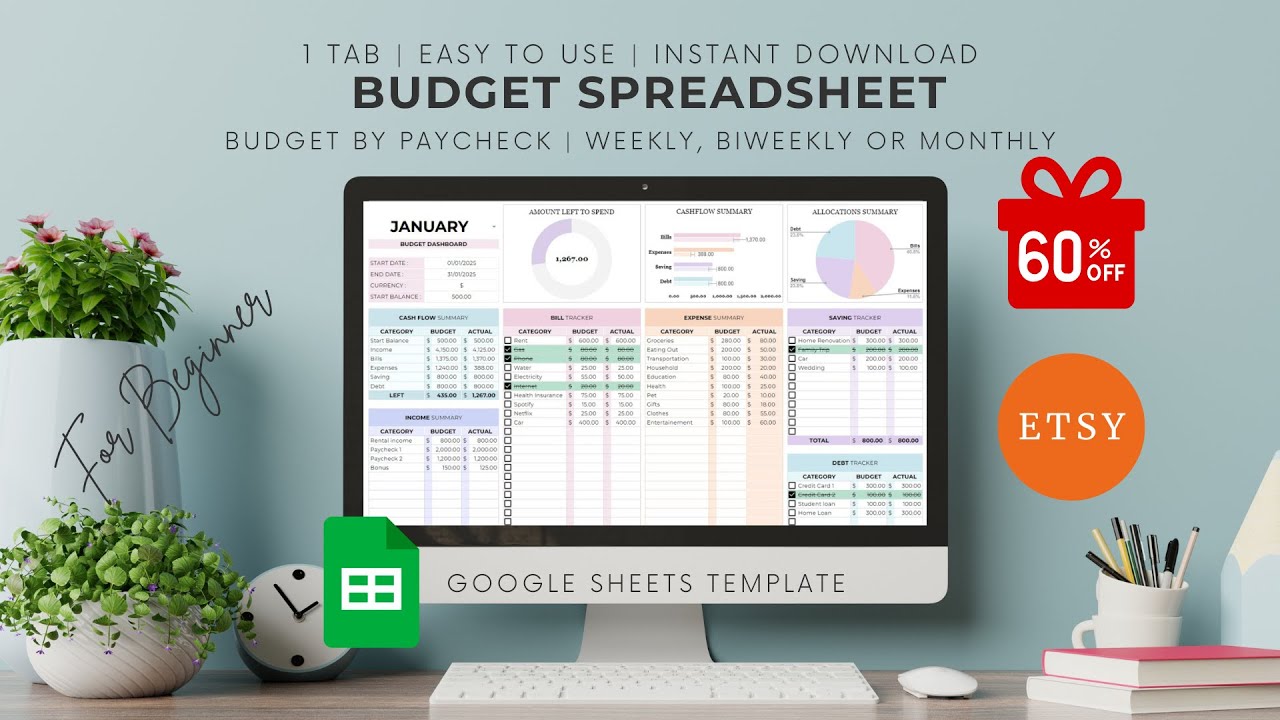 Monthly Budget Planner Spreadsheet For Google Sheets, Budget By Paycheck, Budget On Etsy, Budgeting