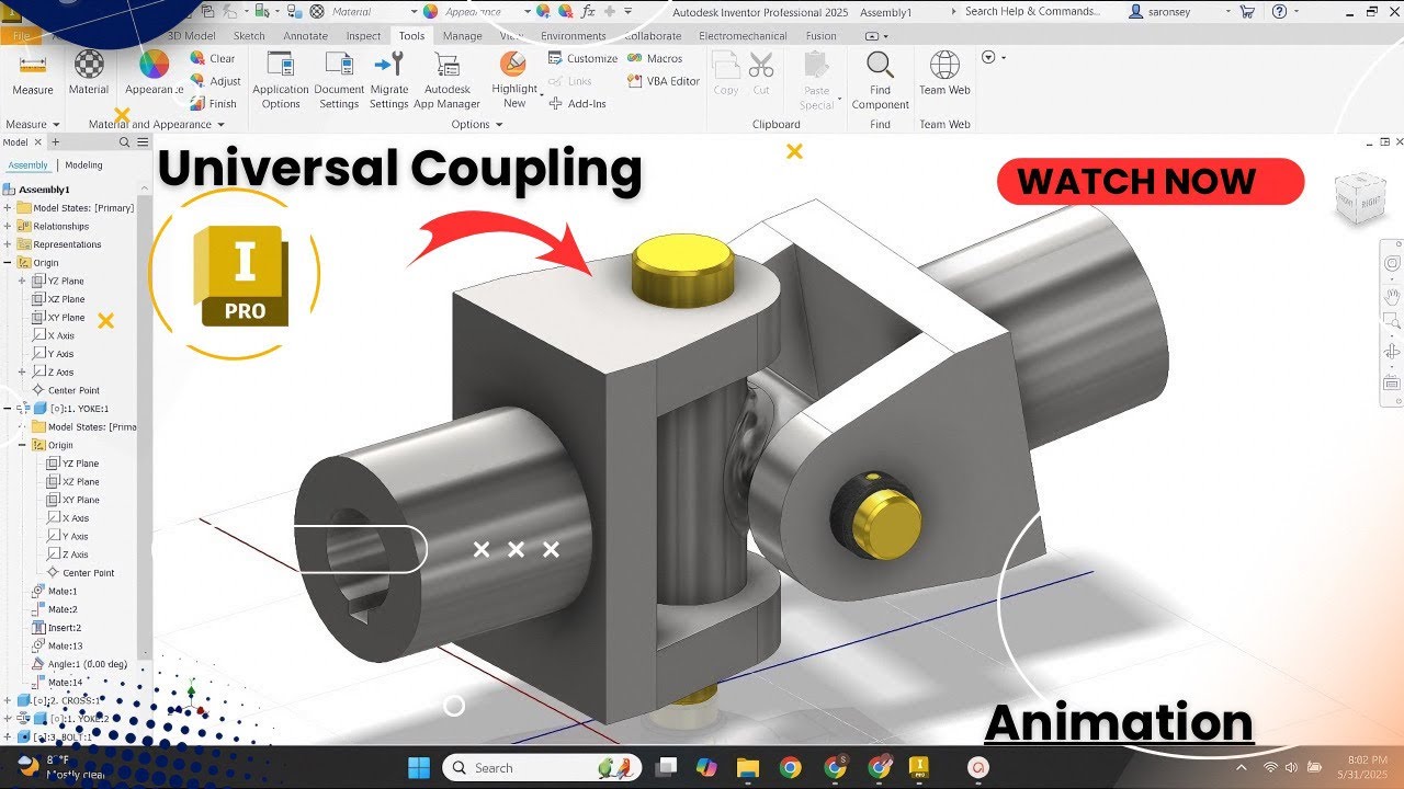 Universal Joint Mechanism in Autodesk Inventor | 3D CAD Modeling & Animation Tutorial