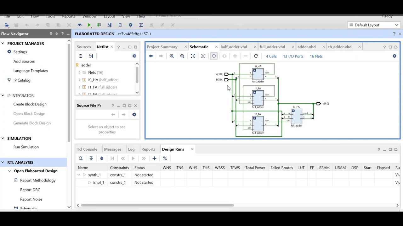 Full Adder, half adder, muti bit adder vhdl code