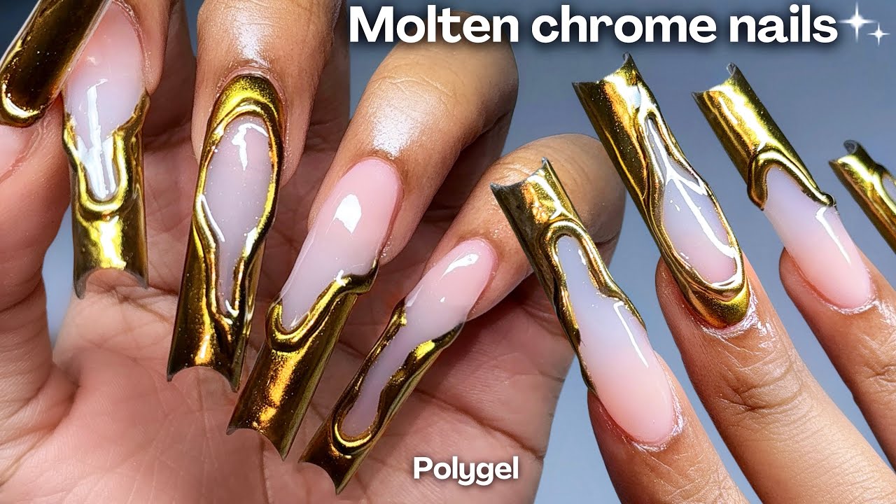 Gold Chrome nails ⟡.˚⚜️💫 polygel extensions + 3d nail art ✨Leo horoscope