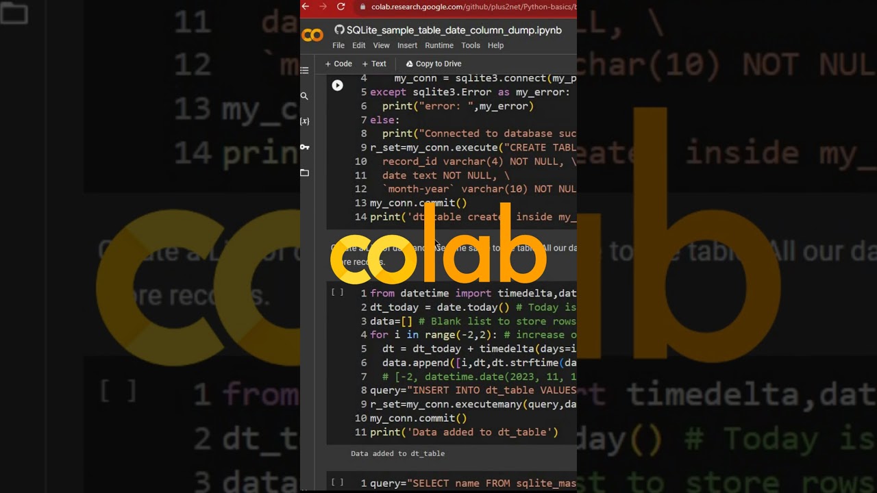 Creating SQLite table at Colab platfrom using code at GitHub #python #sqlite #github
