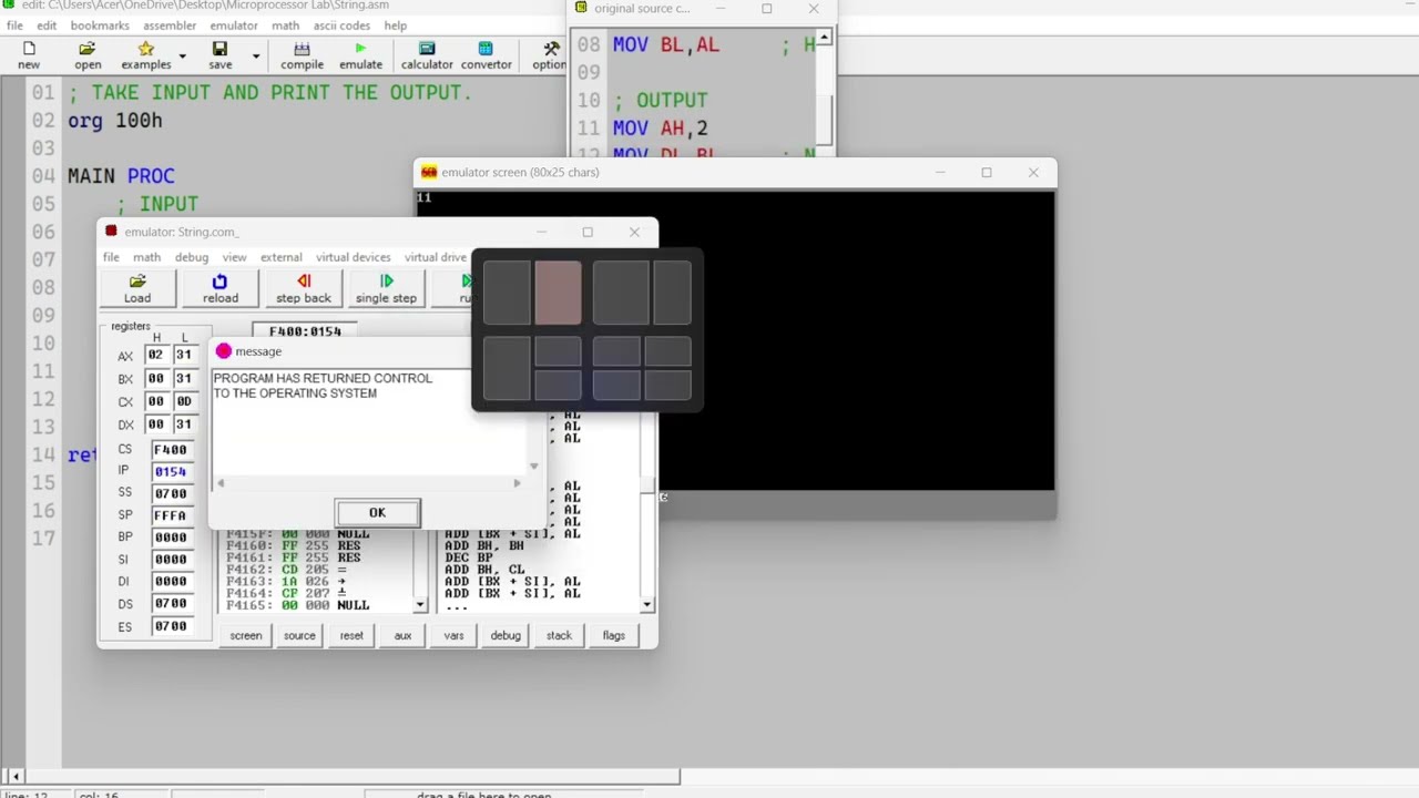 Input and Output in Assembly Language program in 8086 Microprocessor