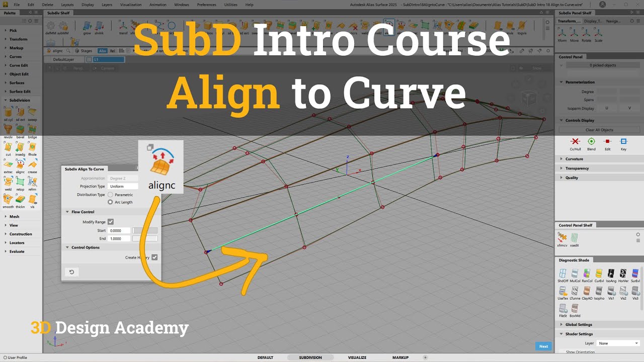 Autodesk Alias Tutorials, SubD Intro 18 - Align to Curve