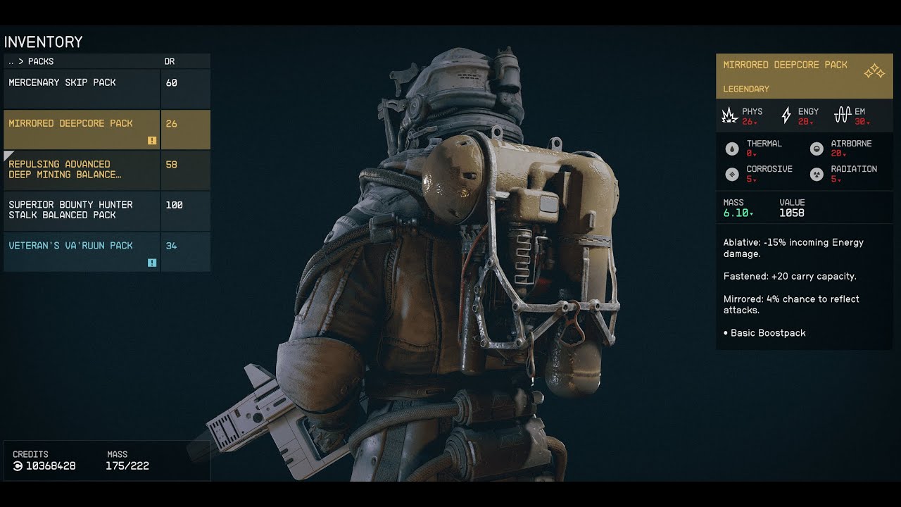 Starfield, Extreme Settings. Legendary Mirrored Deep Core Pack & Epic Mercenary Spacesuit Drops.