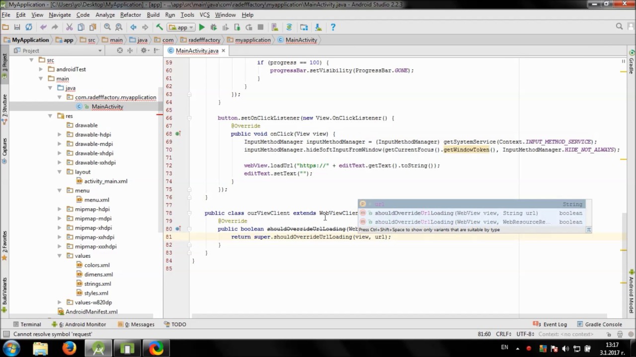 Develop simple Web Browser in Android Studio