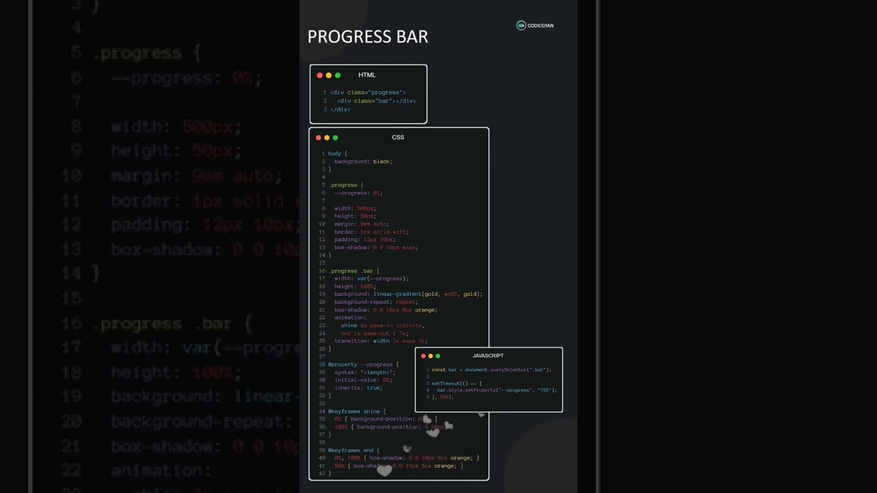 Progress Bar Using #html #css & #js  Comment for source code #shorts ¦ Codicgyan