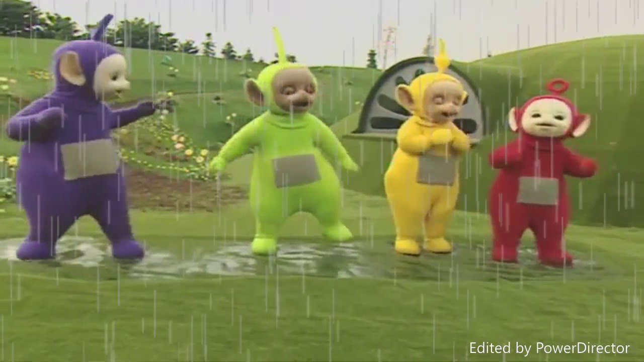 teletubbies splashing dance in rain