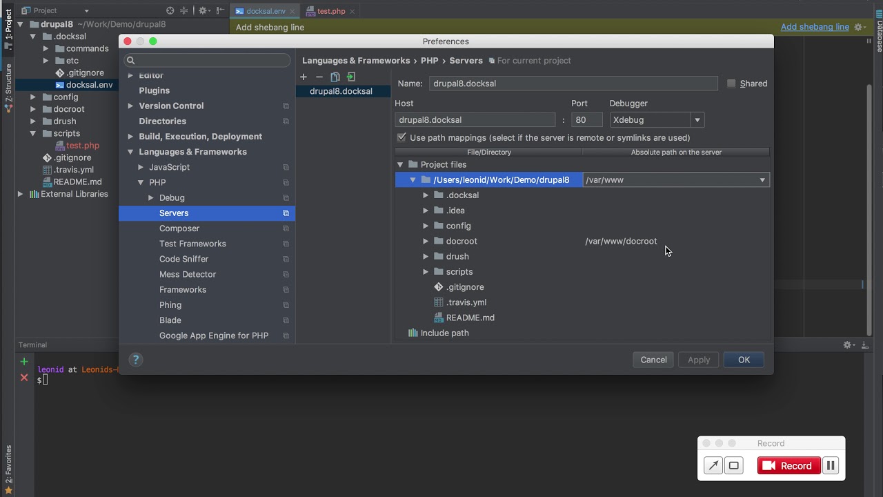 Debugging console scripts with Xdebug and PHPStorm in Docksal