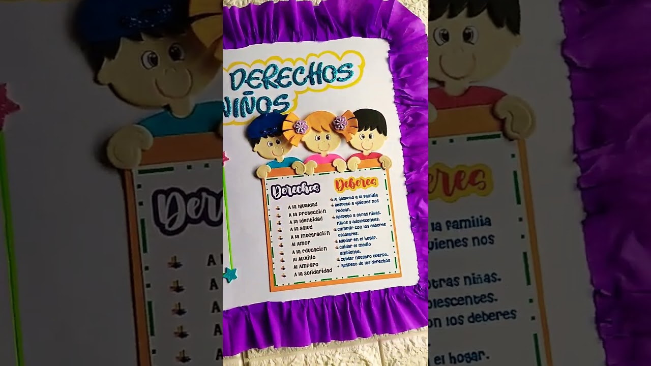 Los Derechos de los niños en cartulina 🥰 los niños y letras en foami, texto impreso,y papel crepé.