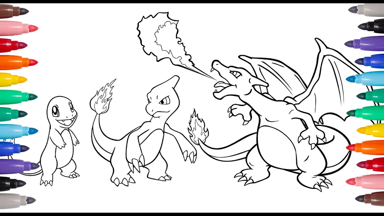 Charmander, Charmeleon & Charizard —  Evolution Line Coloring Pages