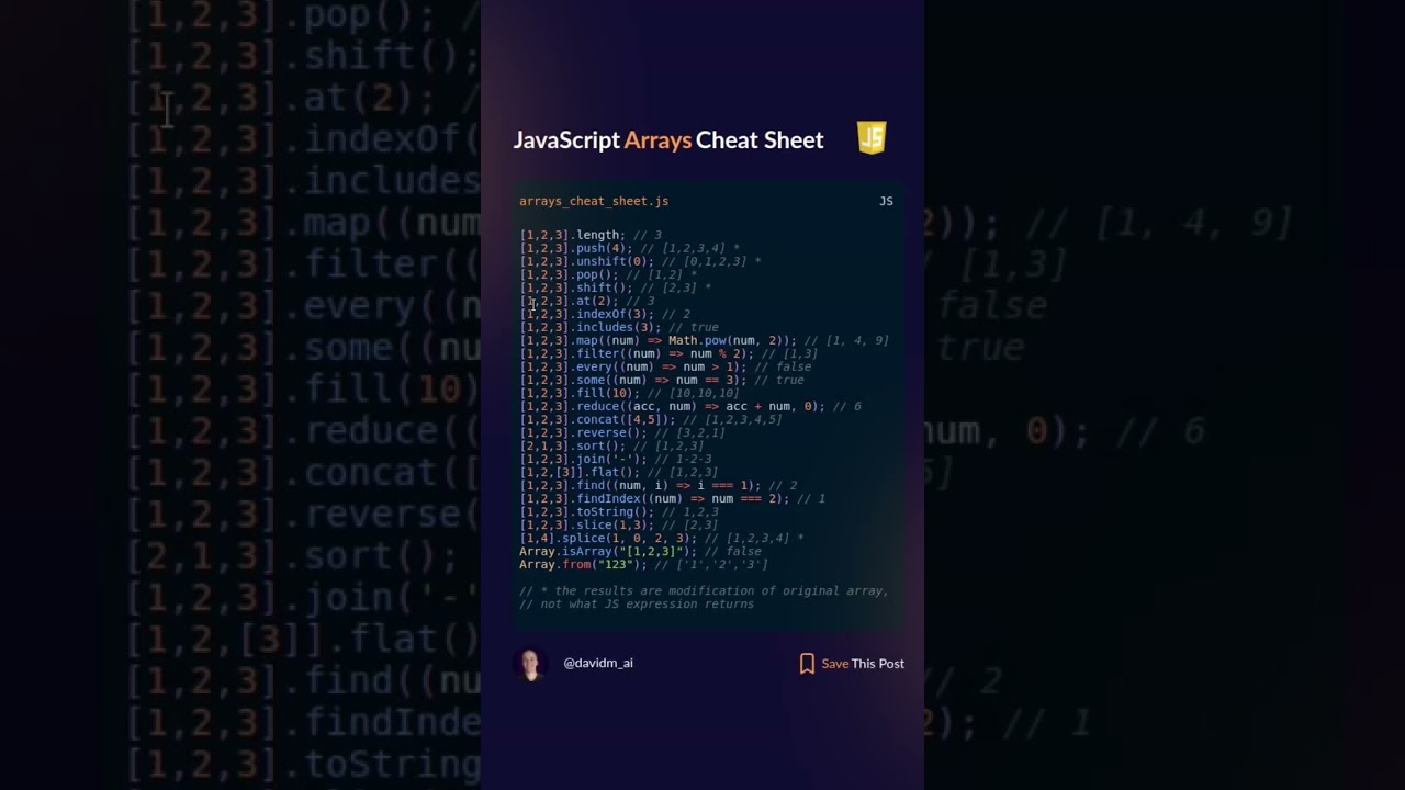 JavaScript Arrays Cheat Sheet #javascript #learntocode #webdev #programming