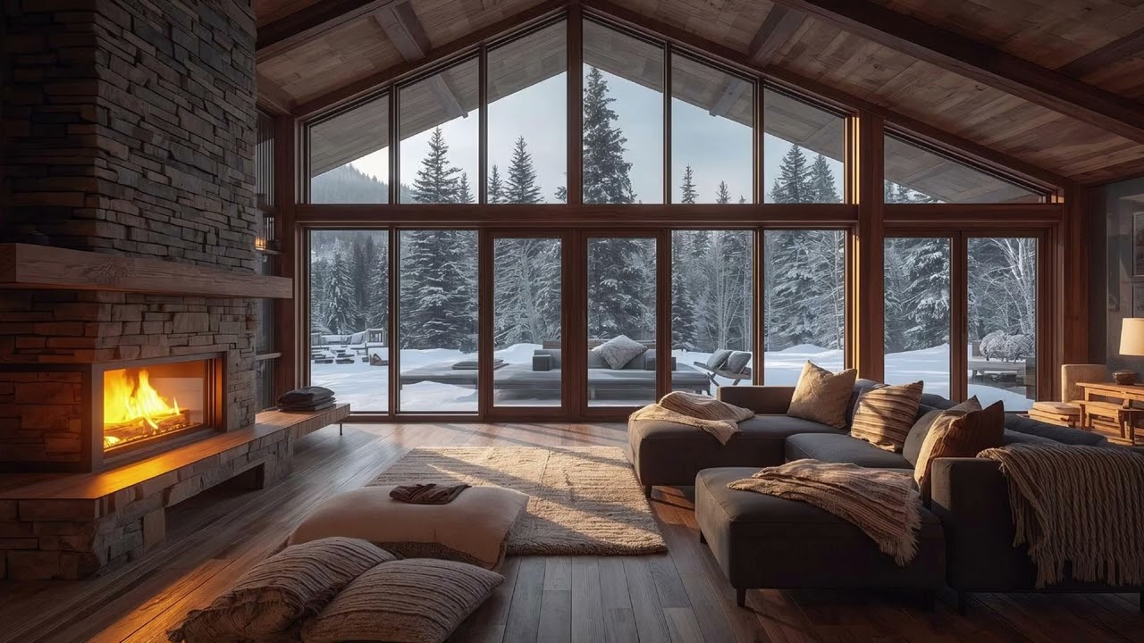 Modern Winter Cabin Living – Cozy Fireplace & Snowy View Wallpaper