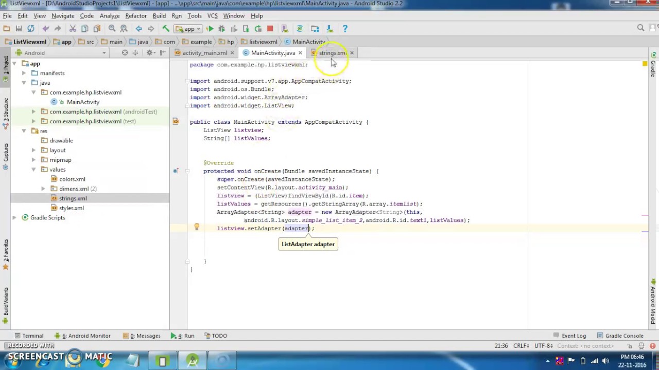 Create ListView in xml and using ArrayAdapter