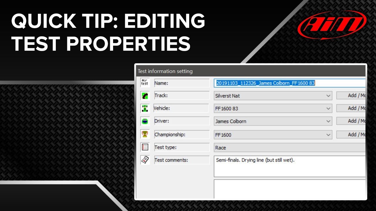 AiM Race Studio Analysis - Quick Tip - Editing Test Properties